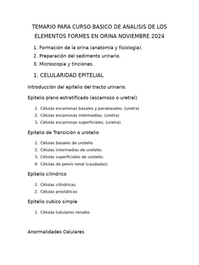 Temario para Curso Basico de Analisis de Elementos Formes en La Orina | PDF | Anatomia animal ...