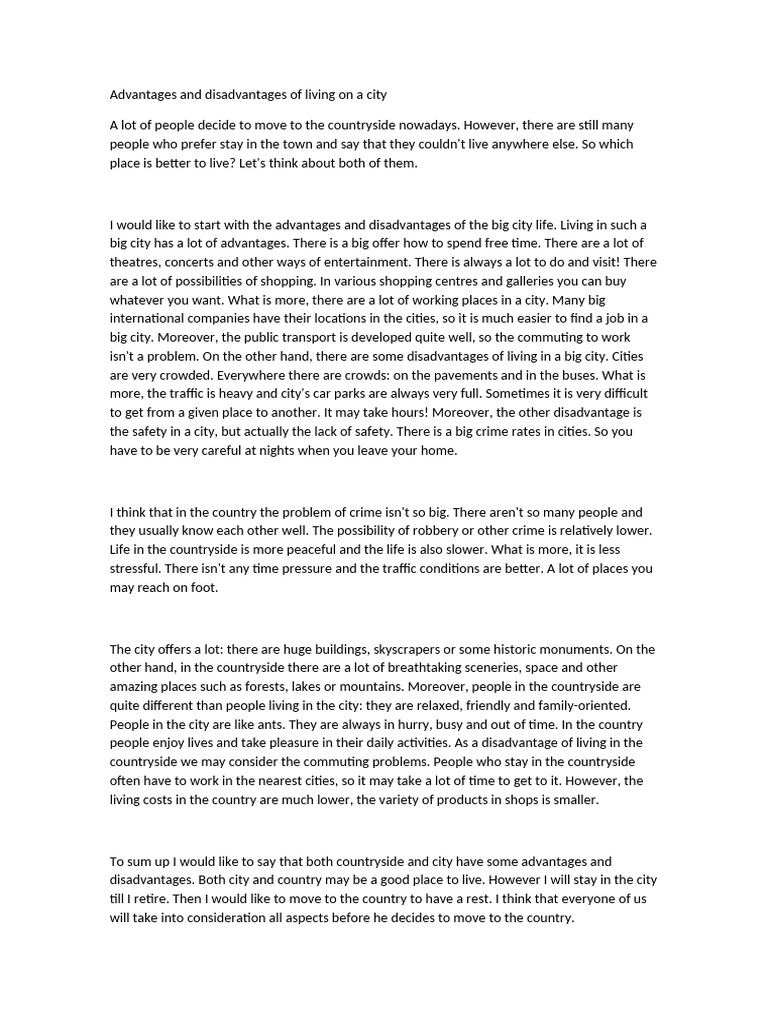 Advantages and Disadvantages of Living On A City | PDF