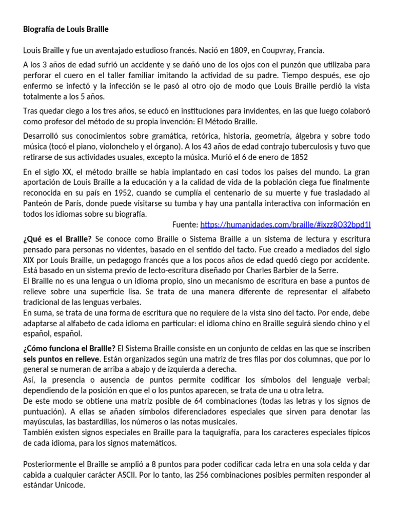 Biografía de Louis Braille | PDF | Comunicación humana | Escritura