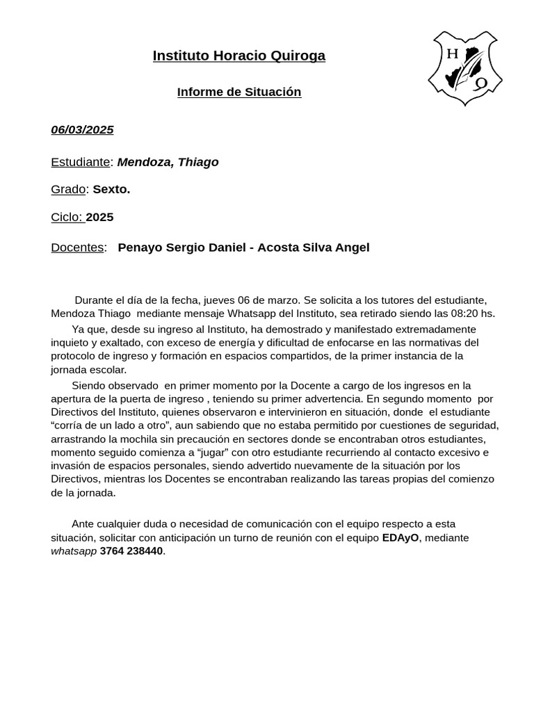 Informe Situacional Mendoza Thiago 6 de Marzo | PDF