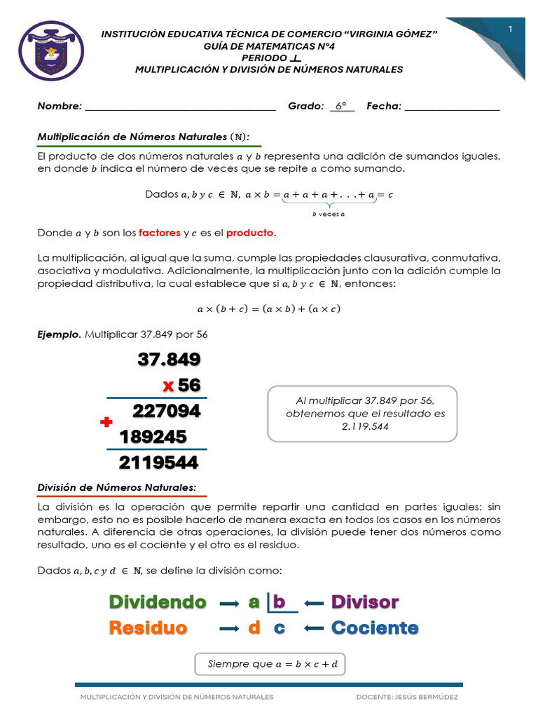 Multiplicaci-N y Divisi-N de N-Meros Naturales | PDF | División (Matemáticas) | Multiplicación