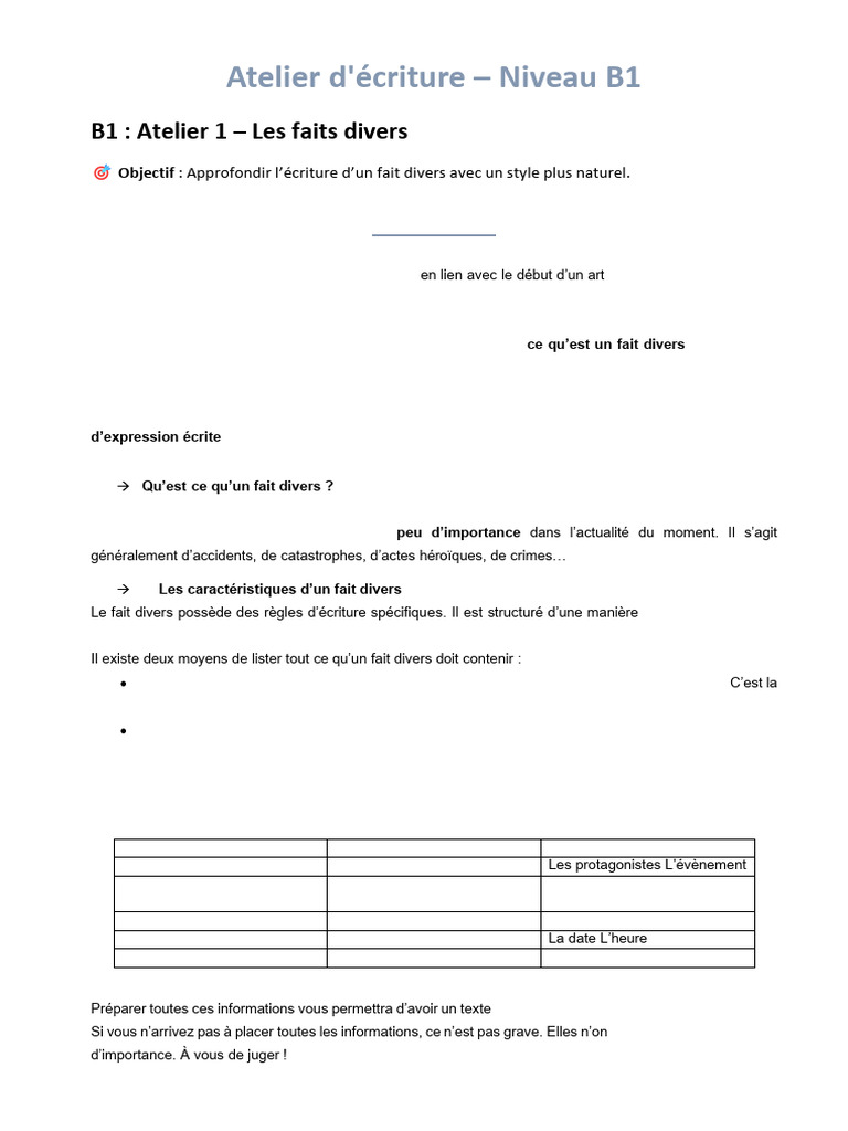 Atelier 1 - B1 - Les Faits Divers | PDF