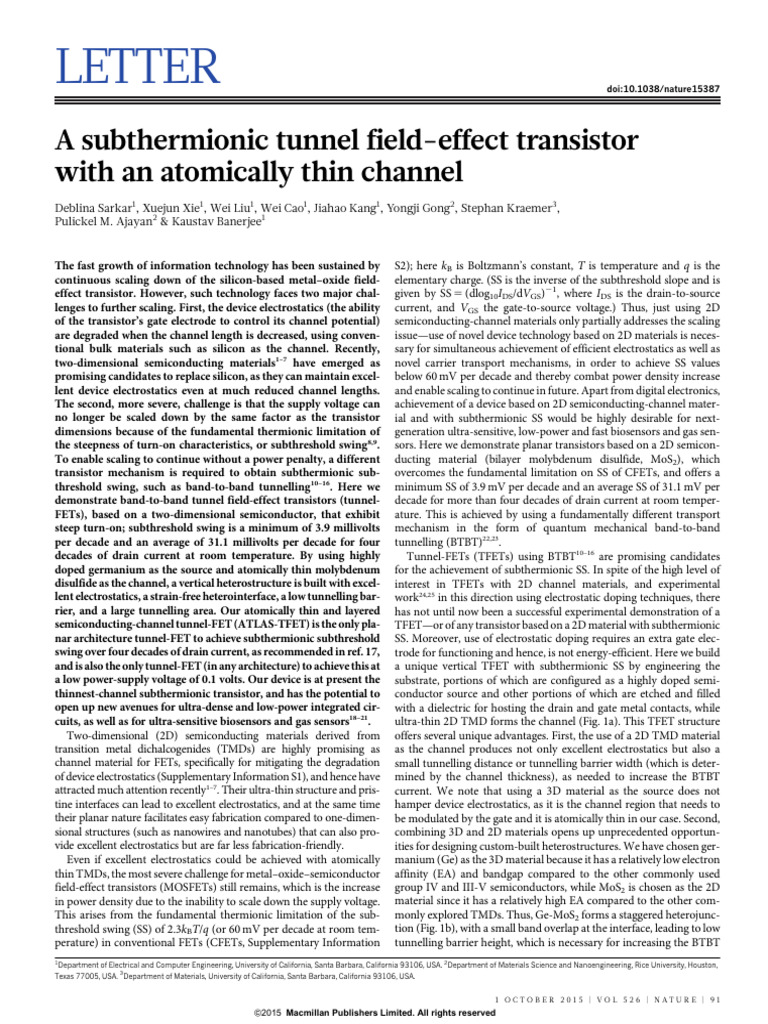 A subthermionic tunnel field-effect transistor with an atomically thin channel | PDF | Field ...