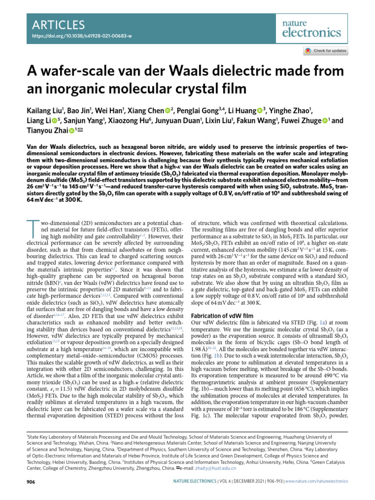 A wafer-scale van der Waals dielectric made from an inorganic molecular crystal film | PDF ...