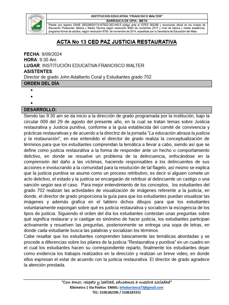 ACTA No 13 GRADO 702 CED PAZ | PDF | Justicia | Crimen y violencia