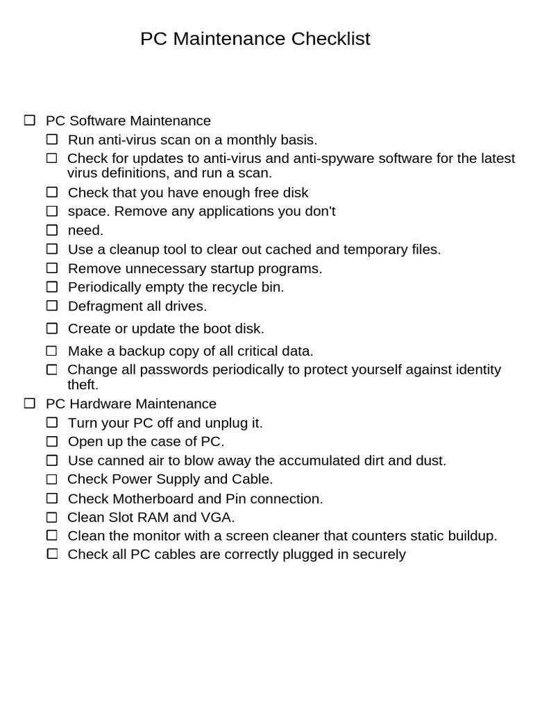 PC Maintenance Checklist | PDF