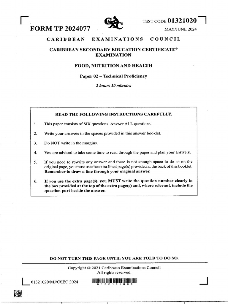 CSEC Food and Nutrition June 2024 P2 | PDF