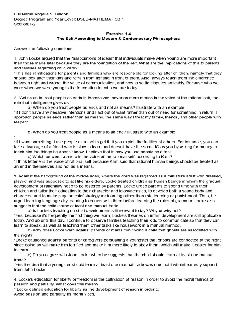 ANGELIE BALDON - Exercise 1.4 The Self According to Modern & Contemporary Philosophers | PDF ...