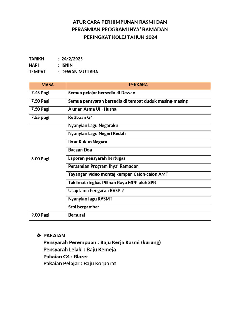 Atur Cara Perhimpunan Rasmi 3 2025 | PDF