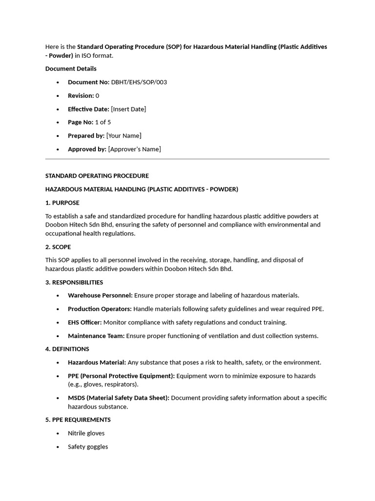 SOP Hazardous Material Handling | PDF | Personal Protective Equipment ...