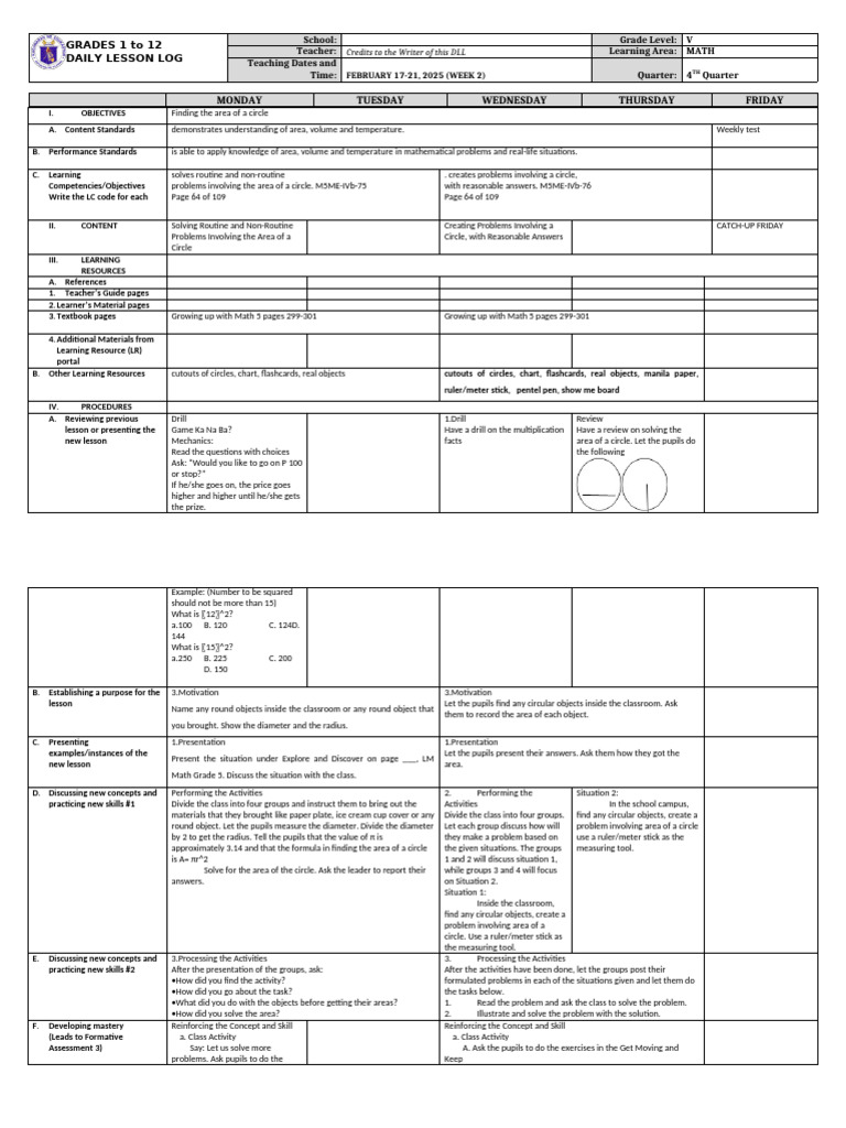 Grade 5 DLL Math 5 q4 Week 2 | PDF | Area | Circle