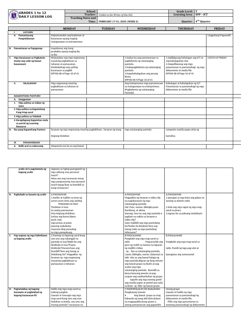 Grade 5 DLL EPP 5 Q4 Week 2 | PDF