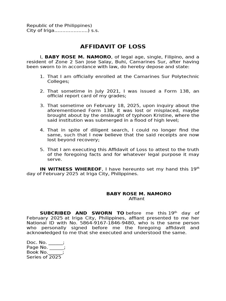 Affidavit of Loss FORM 138 MUSA | PDF