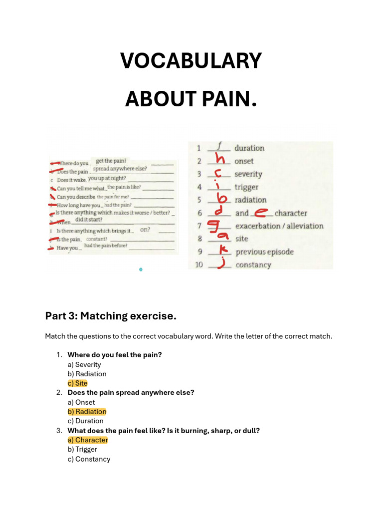 VOCABULARY ABOUT PAIN Worksheet. PART 2 | PDF