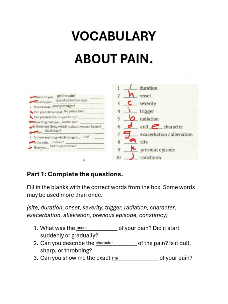 VOCABULARY ABOUT PAIN Worksheet. PART 1 | PDF