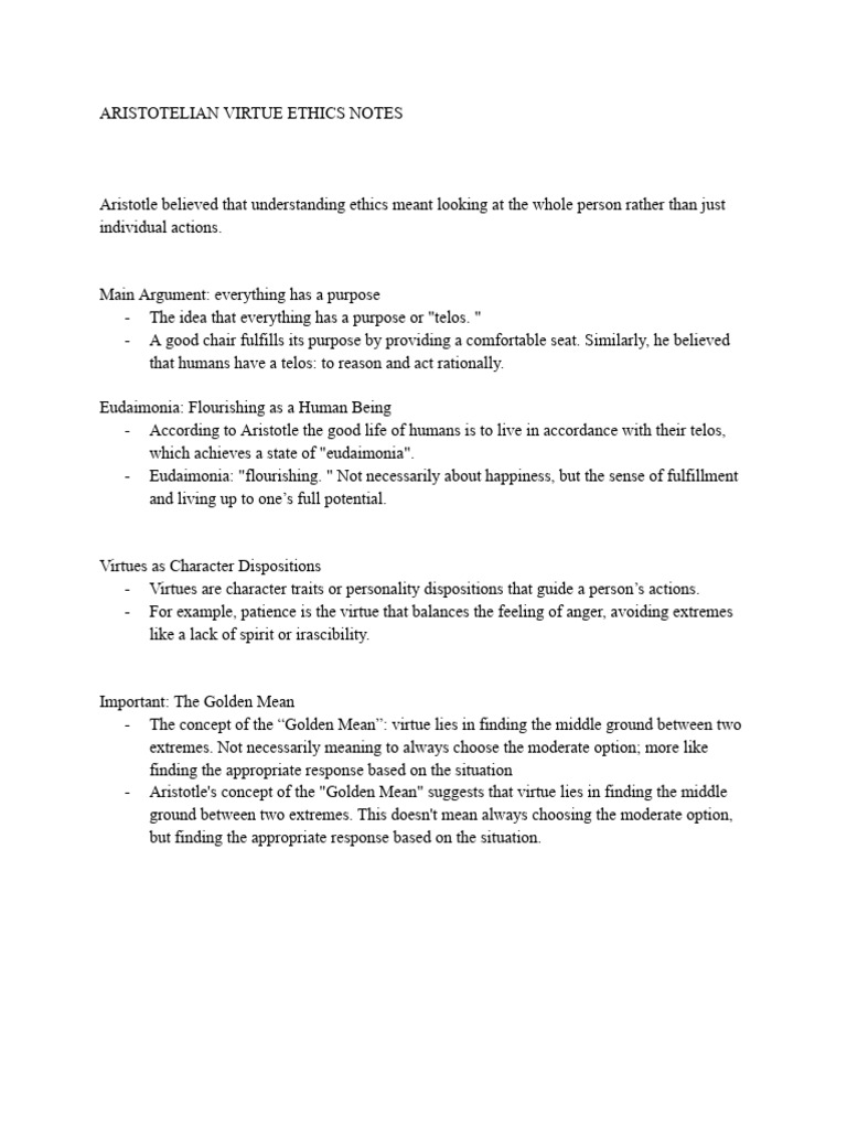 Aristotelian Virtue Ethics Notes | PDF | Virtue | Virtue Ethics