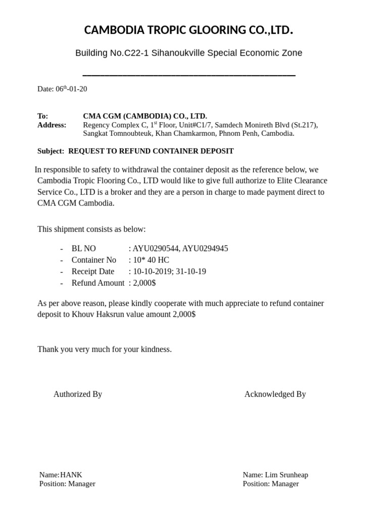 Authorize To Refund Container APL | PDF