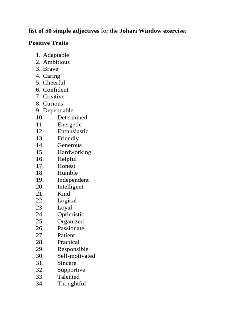 Johari Window Adjectives List | PDF