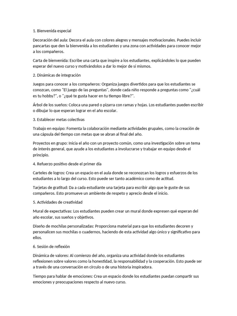 Actividades Primer Dia de Clases | PDF | Salón de clases | Creatividad