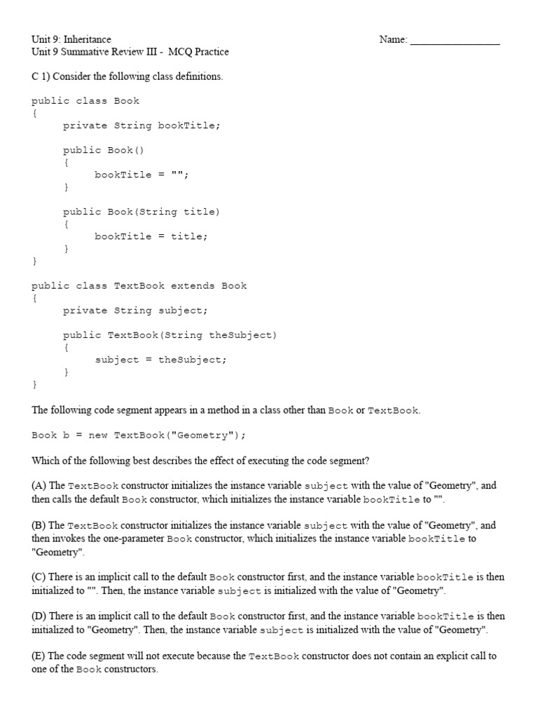 Unit 9 Summative Review III - MCQ Practice | PDF | Constructor (Object Oriented Programming ...