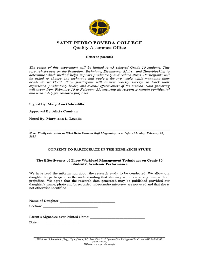 Group 5 Letter to Parents With Consent to Participate in the Study ...