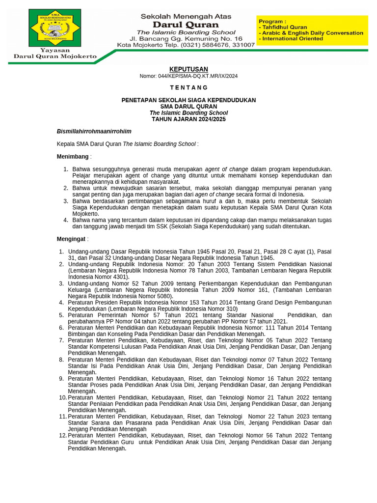 SK Sekolah Siaga Kependudukan (SSK) SMA Darul Quran | PDF