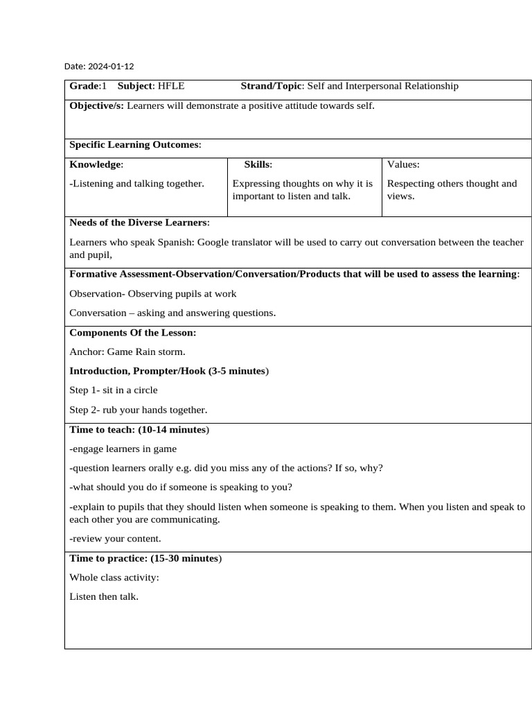Hfle Lesson Plan | PDF