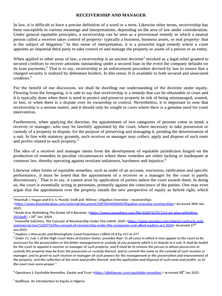 RECEIVERSHIP AND MANAGER M | PDF | Bankruptcy | Equity (Law)