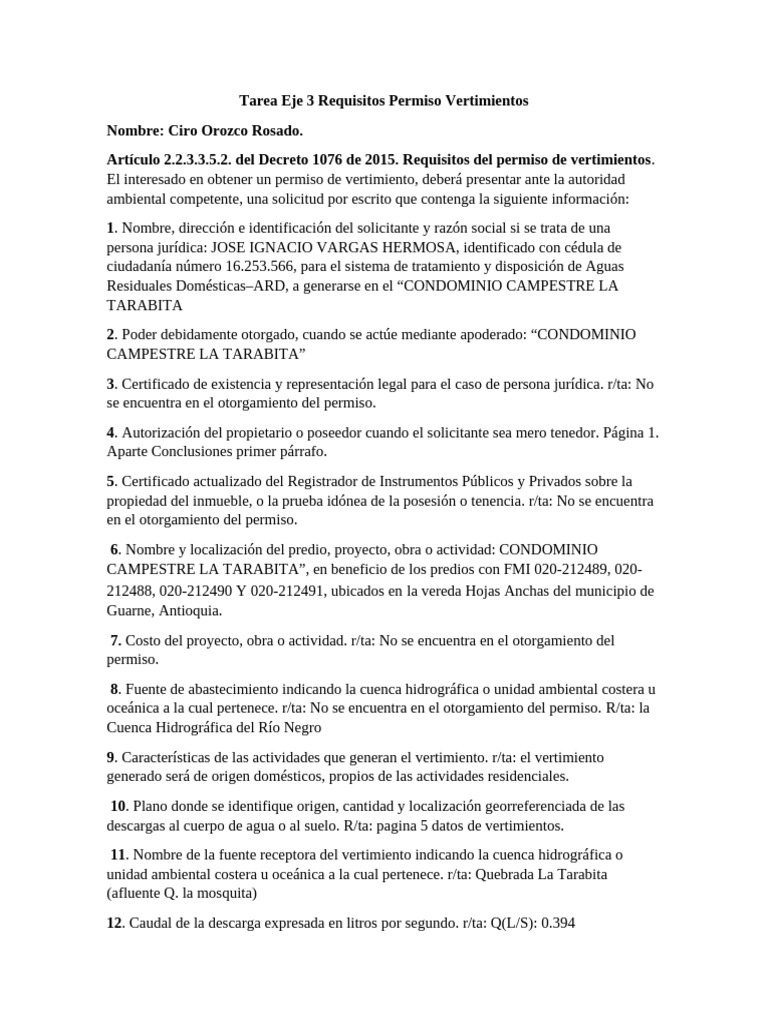 Tarea Eje 3 Requisitos Permiso Vertimientos | PDF | Condominio