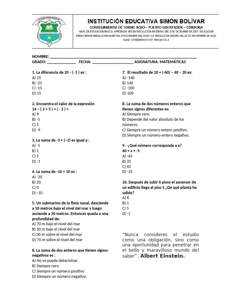 Examen Final Primer Periodo | PDF