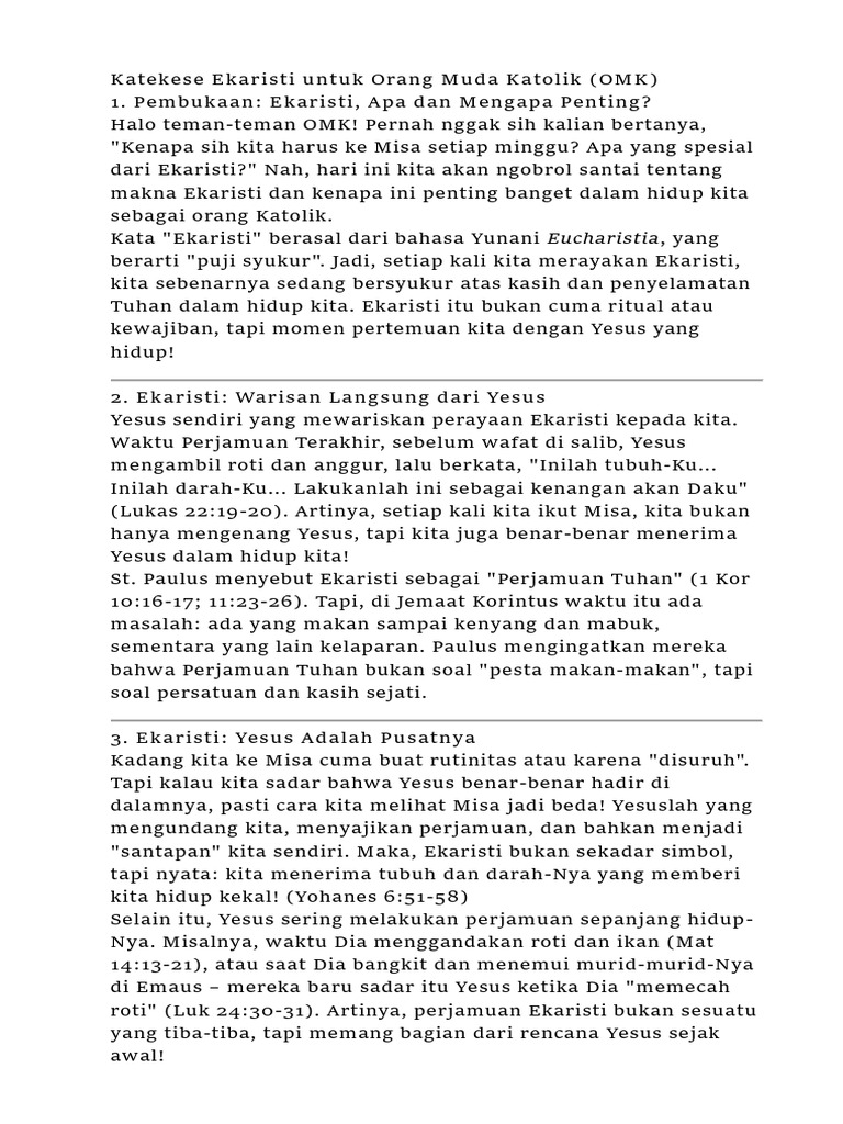 Katekese Ekaristi Untuk Orang Muda Katolik | PDF