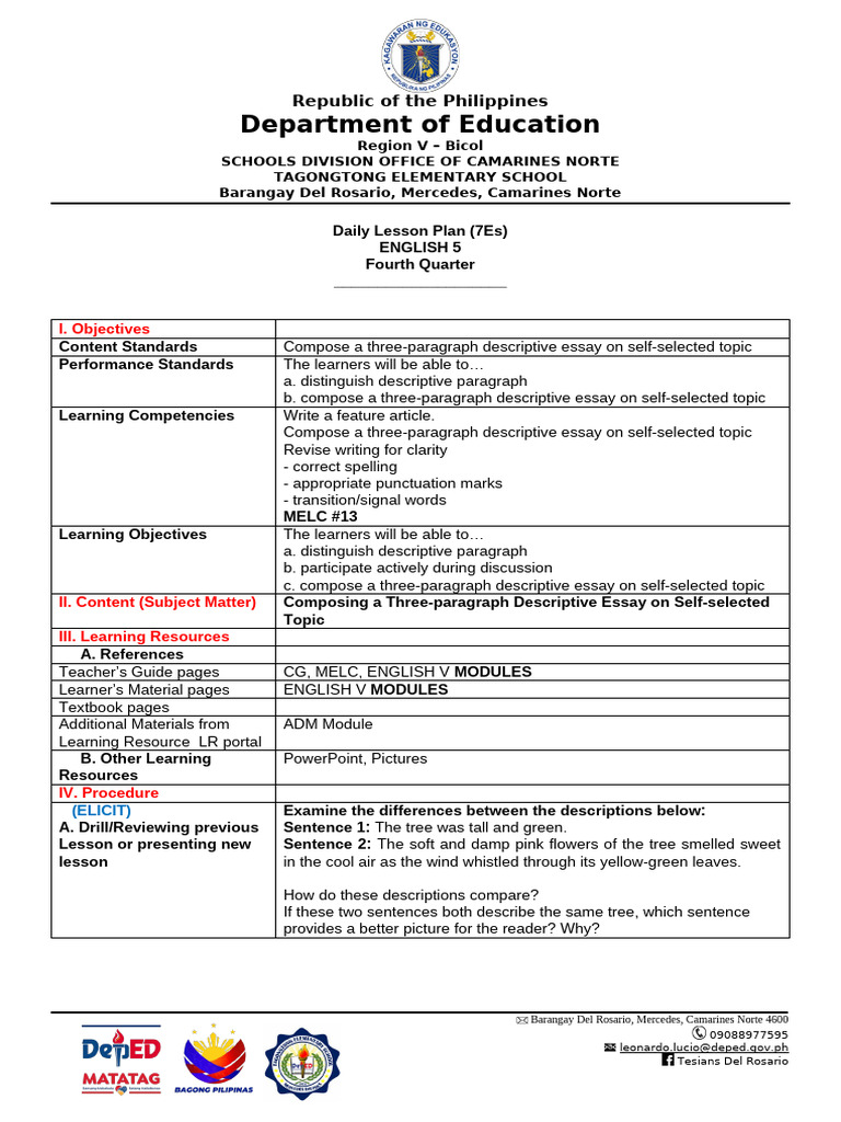 English 5 Descriptive Essay Lesson Plan | PDF | Essays | Learning