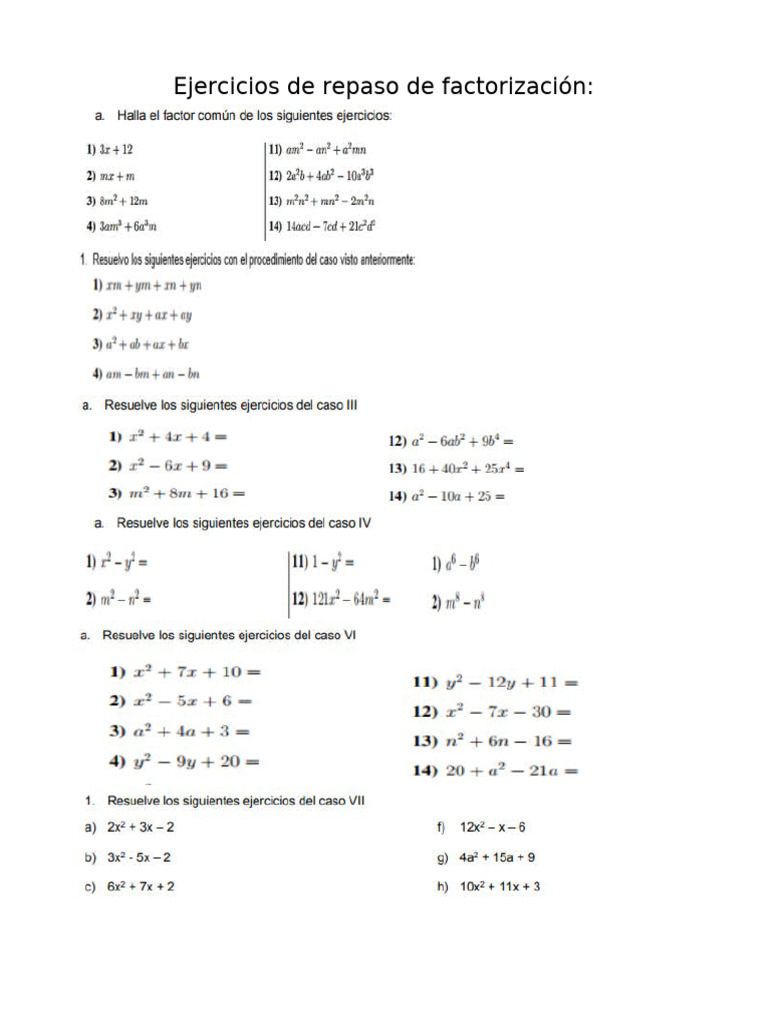 Ejercicios de Repaso de Factorización | PDF