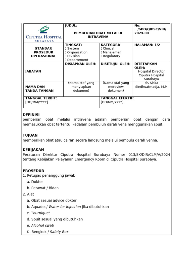 001-Sop-Er - Pemberian Obat Melalui Iv | PDF