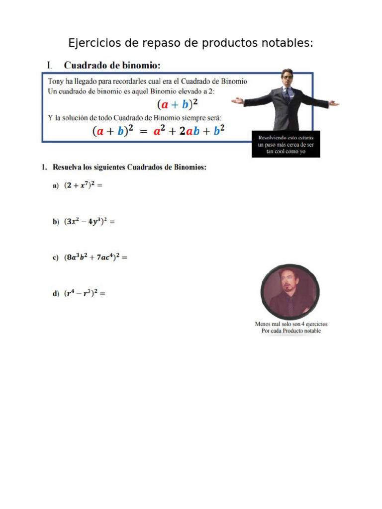 Ejercicios de Repaso de Productos Notables | PDF