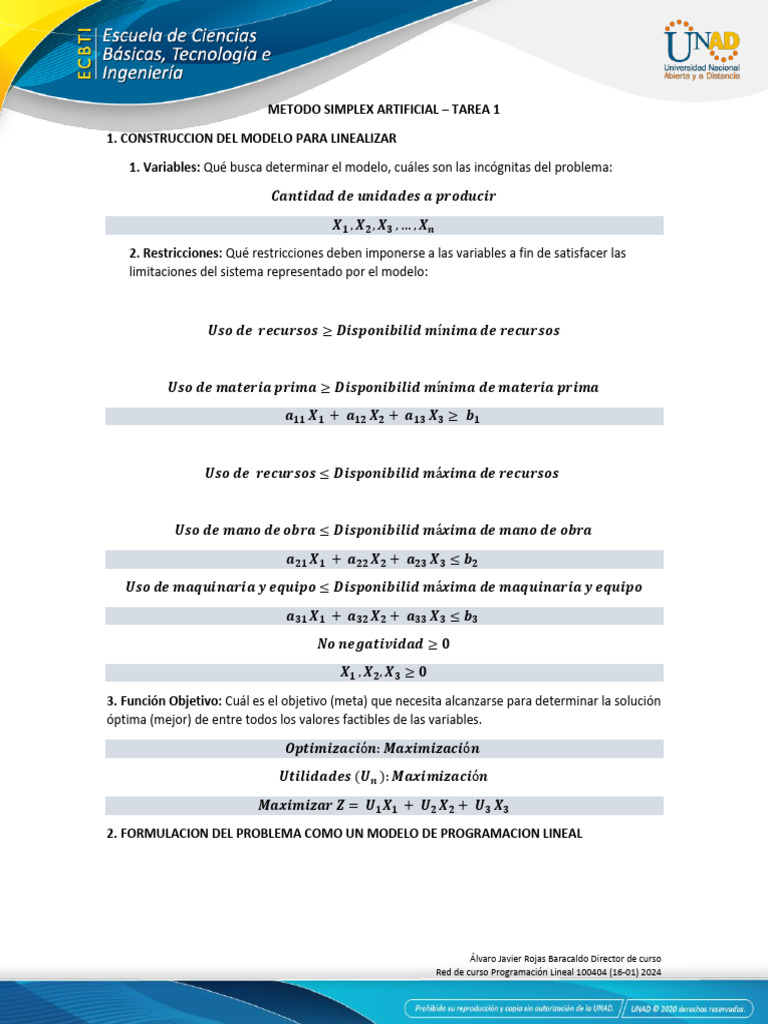Metodo Simplex Artificial - Tarea 1 100404 (16-01) 2024 | PDF | Programación lineal | Análisis ...
