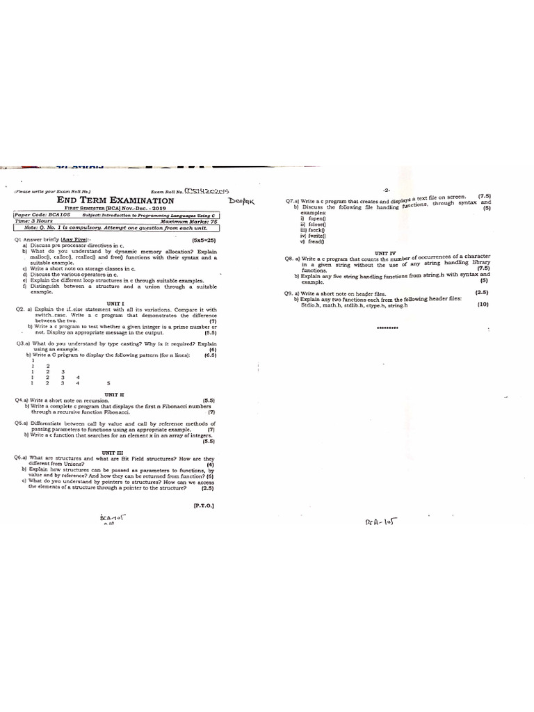 2019 C Programing Pyq | PDF