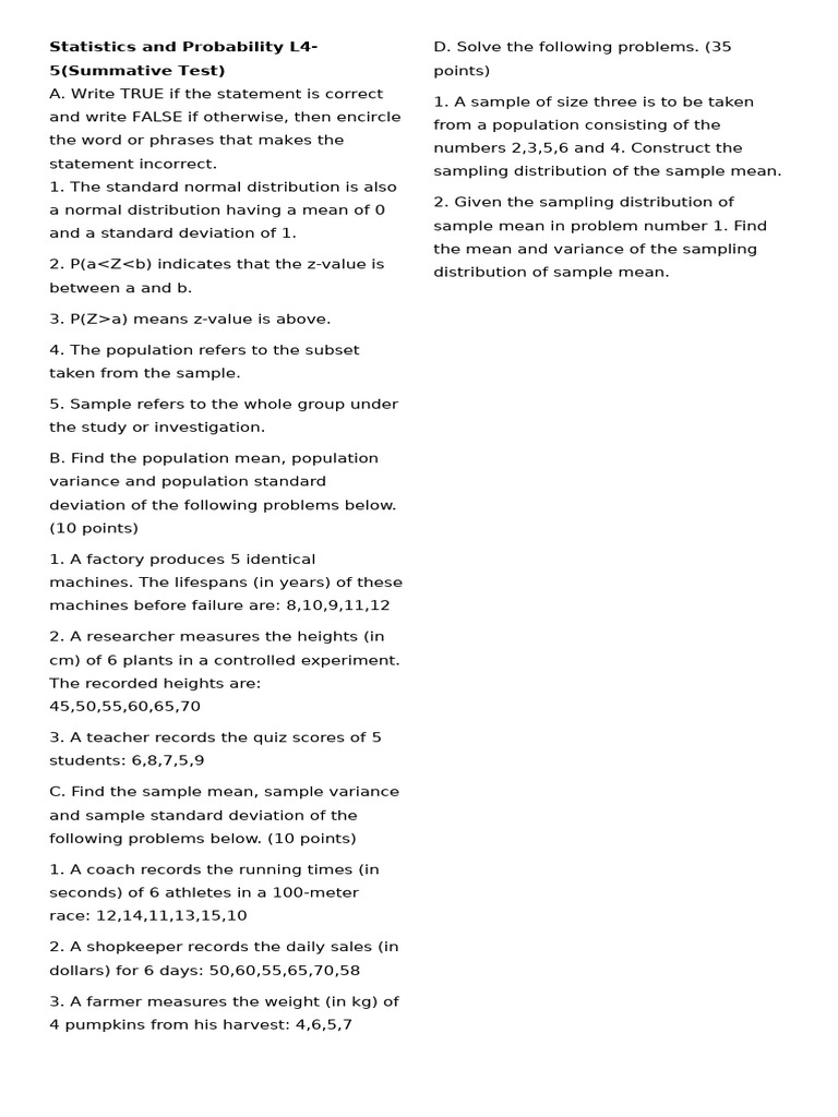 Statistics and Probability L4-5 (Summative Test) | PDF