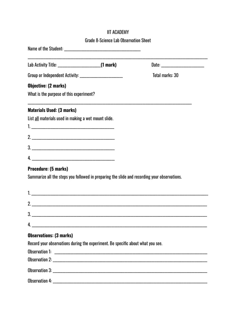 Grade 8 Science Lab Observation Sheet | PDF | Experiment | Laboratory ...