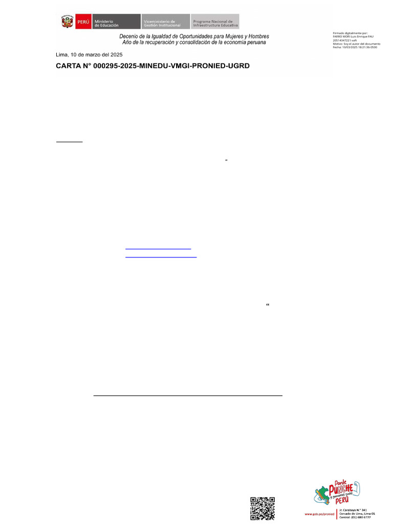 Carta #000295-2025-Minedu-Vmgi-Pronied-Ugrd - Un - 250311 - 112220 | PDF