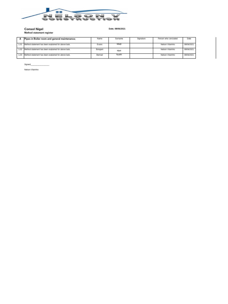 Method Statement Register, Consol Nigel | PDF