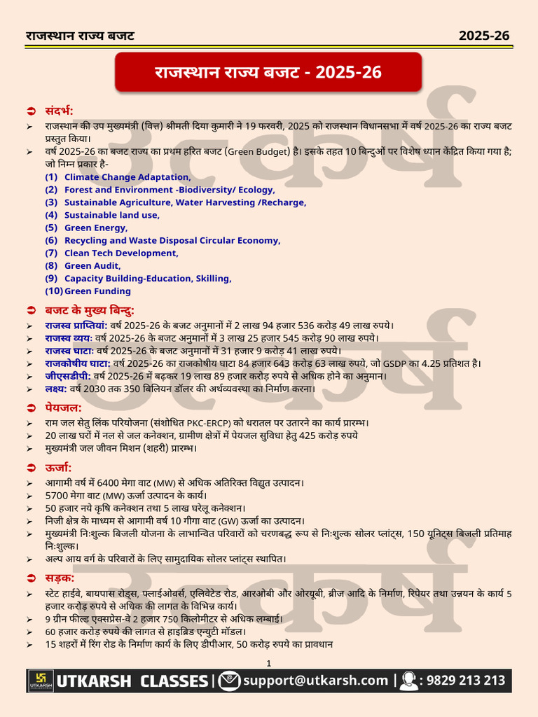 Utkarsh Raj Budget 2025-26 Hindi Highlight | PDF