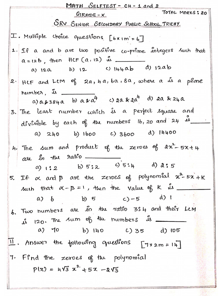 G 10 Math CH 1,2 Self Test | PDF