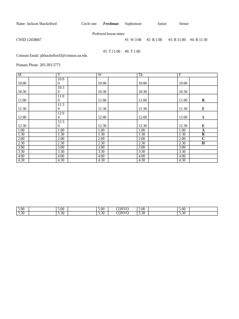 Class Schedule & Lesson Preference Form | PDF