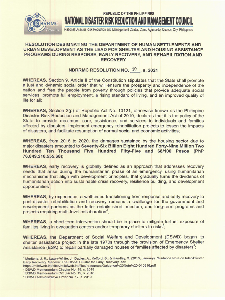 NDRRMC Resolution No 10 S 2021 Dhsud As Lead Cluster (Shelter) | PDF