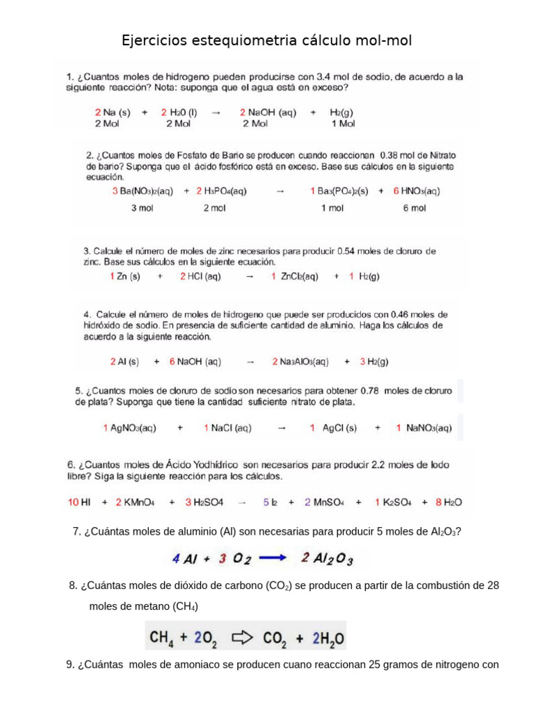 Ejercicios Estequiometria Calculo Mol | PDF
