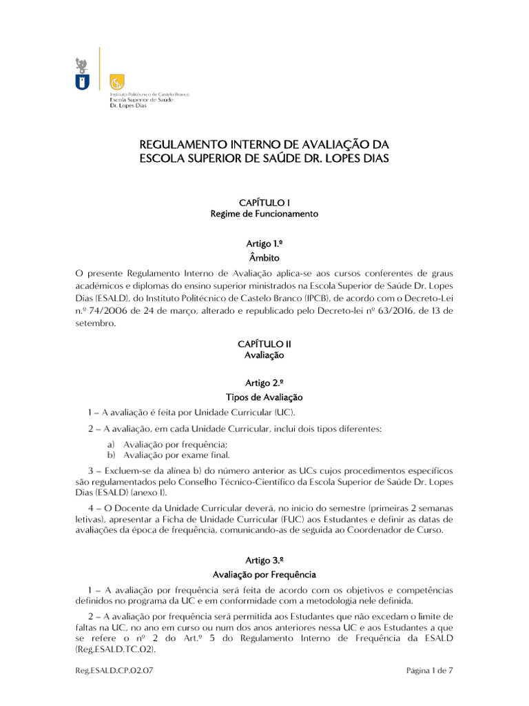 Regesald CP 0207 Reg Int Avaliacao Esald 2022 2023 | PDF | Diploma ...