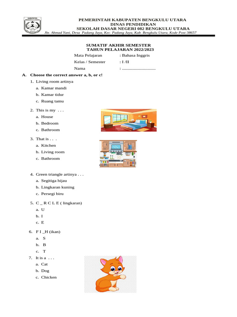 Soal Bahasa Inggris Kls 1 SMT 22 | PDF