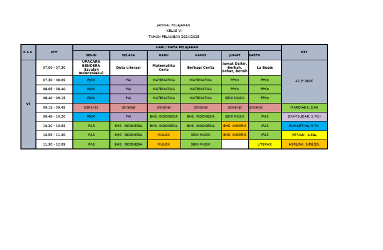 Jadwal Pelajaran Kelas 6 | PDF