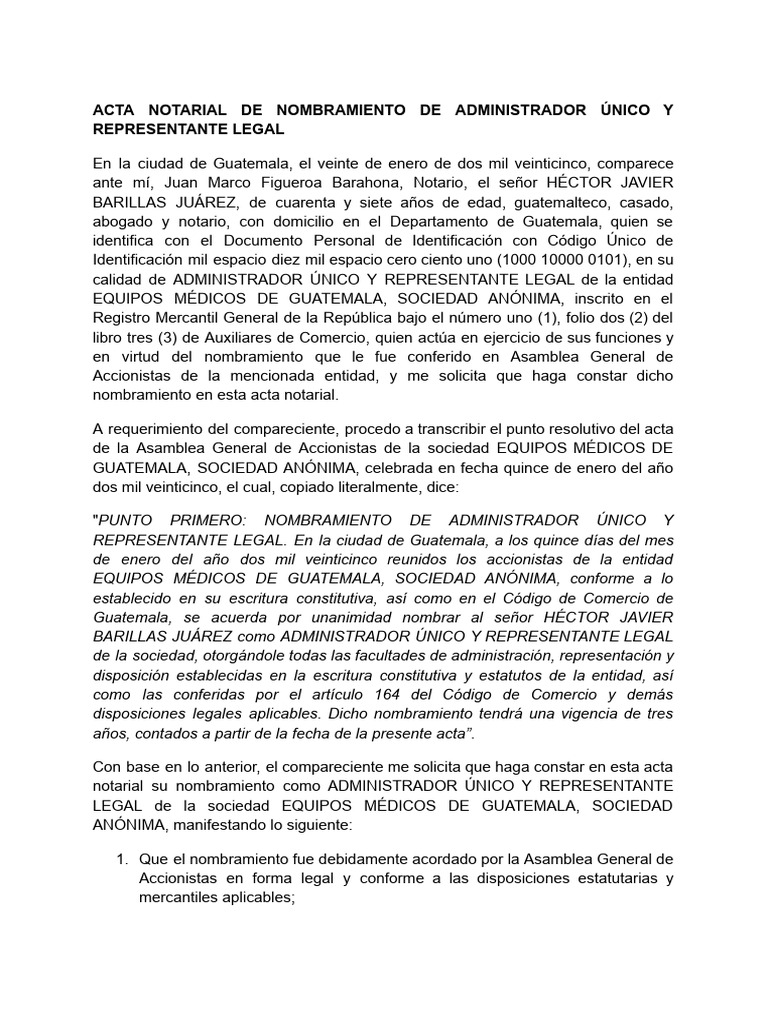 Nombramiento de Administrador Único en Guatemala | PDF | Gobierno